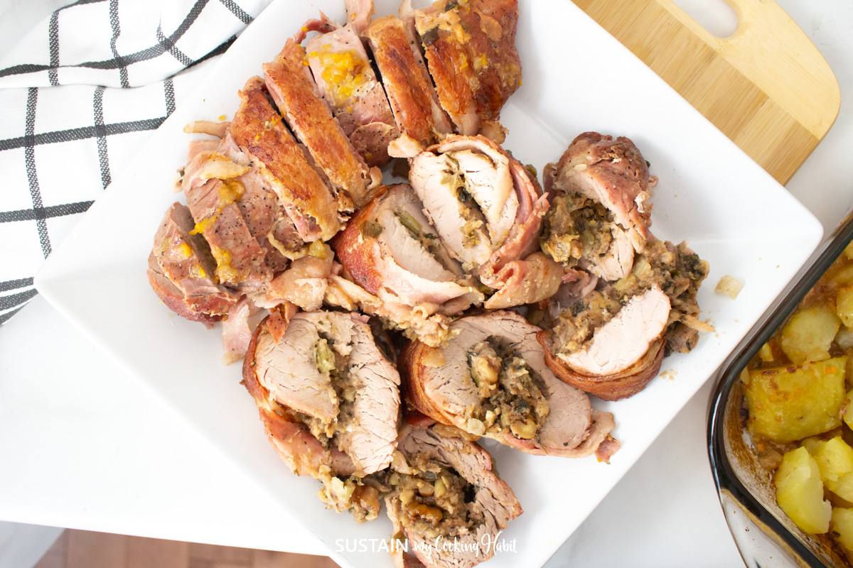 Bacon Wrapped Stuffed Pork Roast Roll - Sustain My Cooking Habit